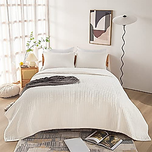 DAWNDIOR Queen Quilt Bedding Sets & Collections Modern Farmhouse Boho Luxury Neutral Stitch Bedspread Coverlet Soft Lightweight Tan Reversible Comforter for Summer (1 Quilt,2 Pillow Shams)