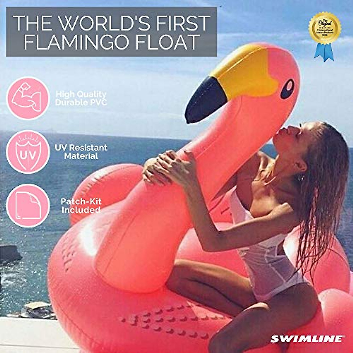 SWIMLINE ORIGINAL 90627 Giant Inflatable Flamingo Pool Float Floatie Ride-On Lounge W/ Stable Legs Wings Large Rideable Blow Up Summer Beach Swimming Party Lounge Big Raft Tube Decoration Toys Kids