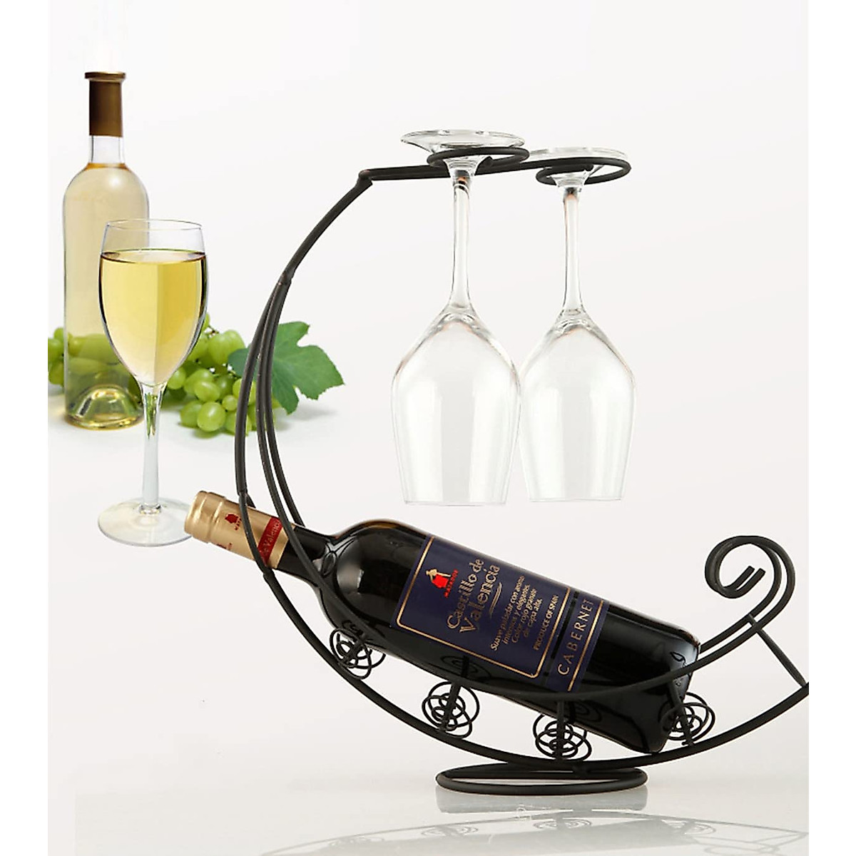 Homya Tabletop Metal Wine Bottle Rack Elevated Vertical Countertop Wine Glass Display Organizer, Dining Table Offers Wine Glasses as Gifts, Holds 1 Bottle 2 Glasses, Plating Craft Black