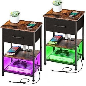 LAKEMID Nightstands Set of 2 with Charging Station and Drawer, End Table Side Table with 20 Colors LED Light Strip and 2 Layers Shelf for Bedroom Living Room Sofa (Rustic Brown)