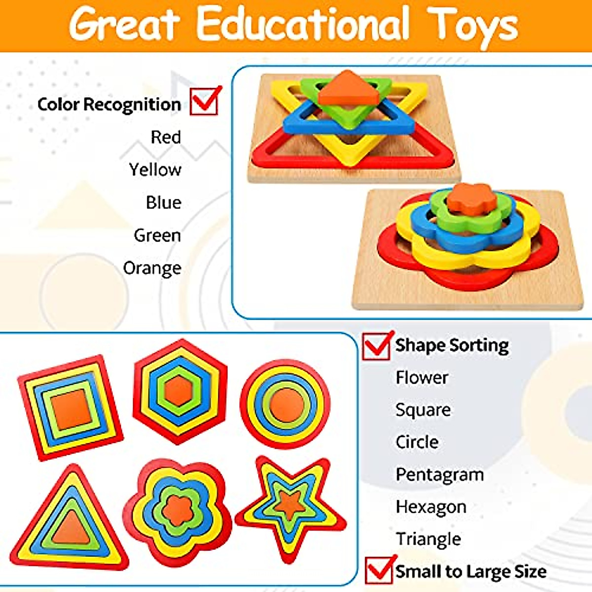 Toddler Puzzles Wooden Toys Montessori Shape Sorting Puzzle Sensory Toys Toddlers Activities Preschool Learning Early Educational Travel Autistic Montessori Toys 1 2 3 Year Old Age 1-3