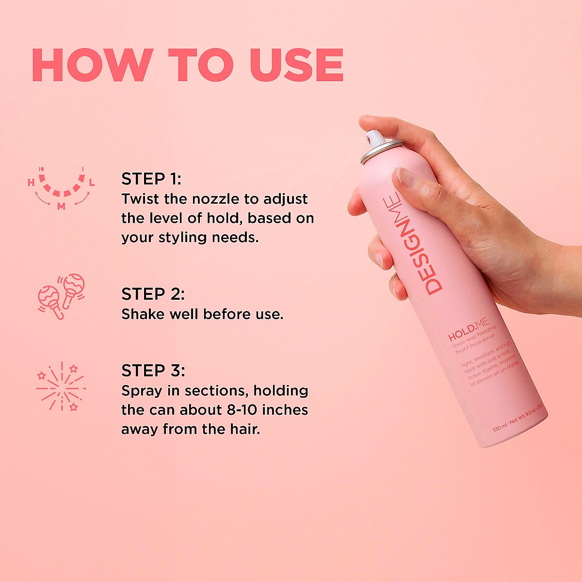 HOLD.ME Three-Way Hairspray by DESIGNME | Hairspray with Light, Medium, & High Hold Options | Extra Hold Hair Spray with Thermal Protectors & Vitamin B5 | Scented Hair Setting Spray, (9.5 Oz)