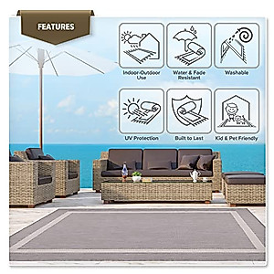 Beverly Rug Waikiki Indoor Outdoor Rug 8x10, Washable Outside Carpet for Patio, Deck, Porch, Bordered Modern Area Rug, Water Resistant, Grey - White