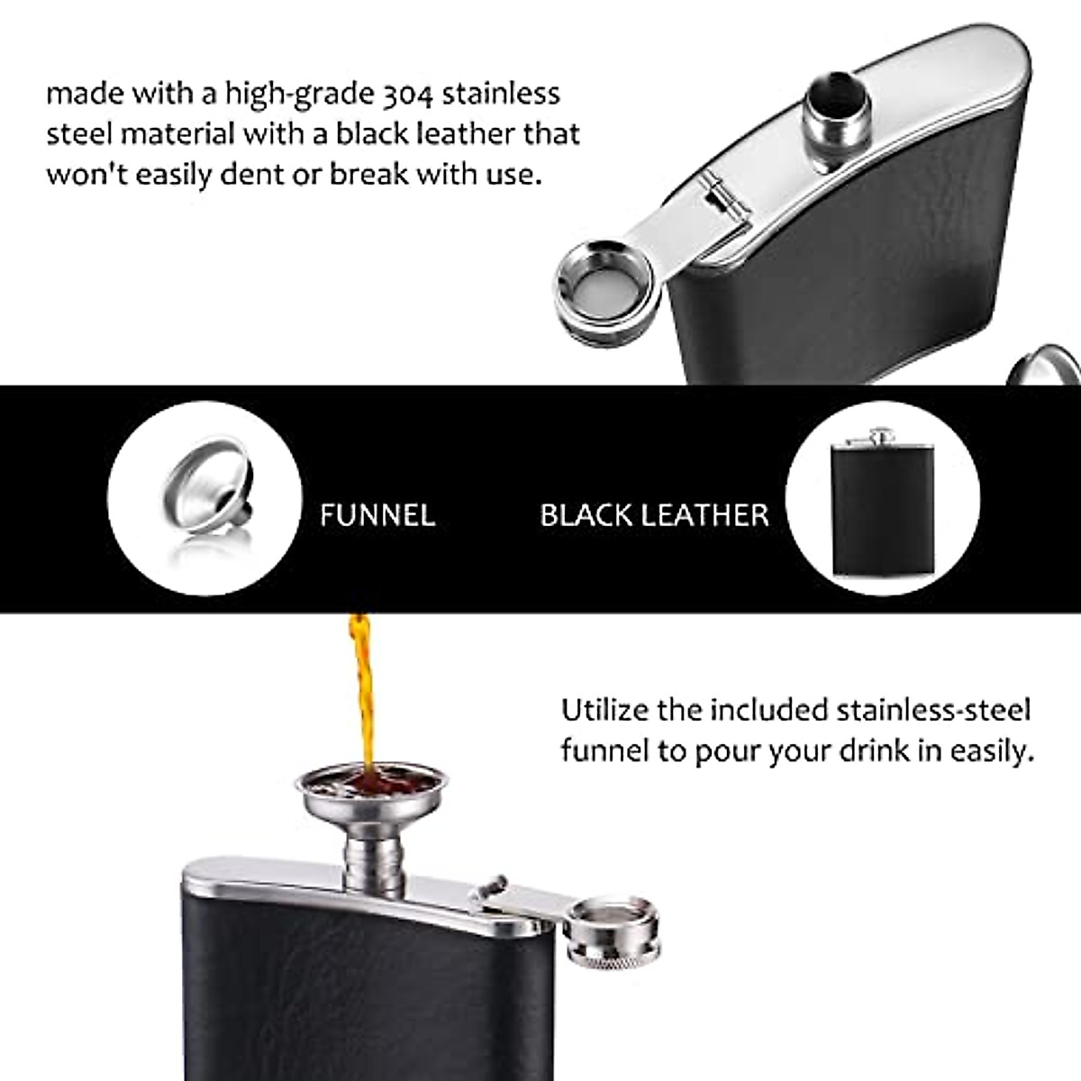 KITVINOUS Hip Flask for Liquor, 8oz Stainless Steel Leakproof Whiskey Flask with Funnel, Classic Gift Idea Flasks with Never-Lose Cap for Men and Women, Black