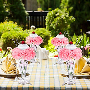 50's Soda Shop Party Decor, Artificial Silk Carnation Picks Set Include White Pink Carnation Flowers and Lifelike Cherries with Paper Straws for DIY Rock and Roll, Containor Wasn't Included (116 Pcs)