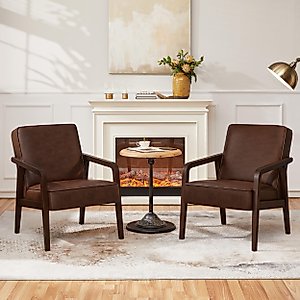 Yaheetech Accent Chair, PU Leather Reading Chair, Mid Century Modern Arm Chair with Solid Wood Frame for Living Room Bedroom Waiting Room, 2 Pieces, Dark Brown