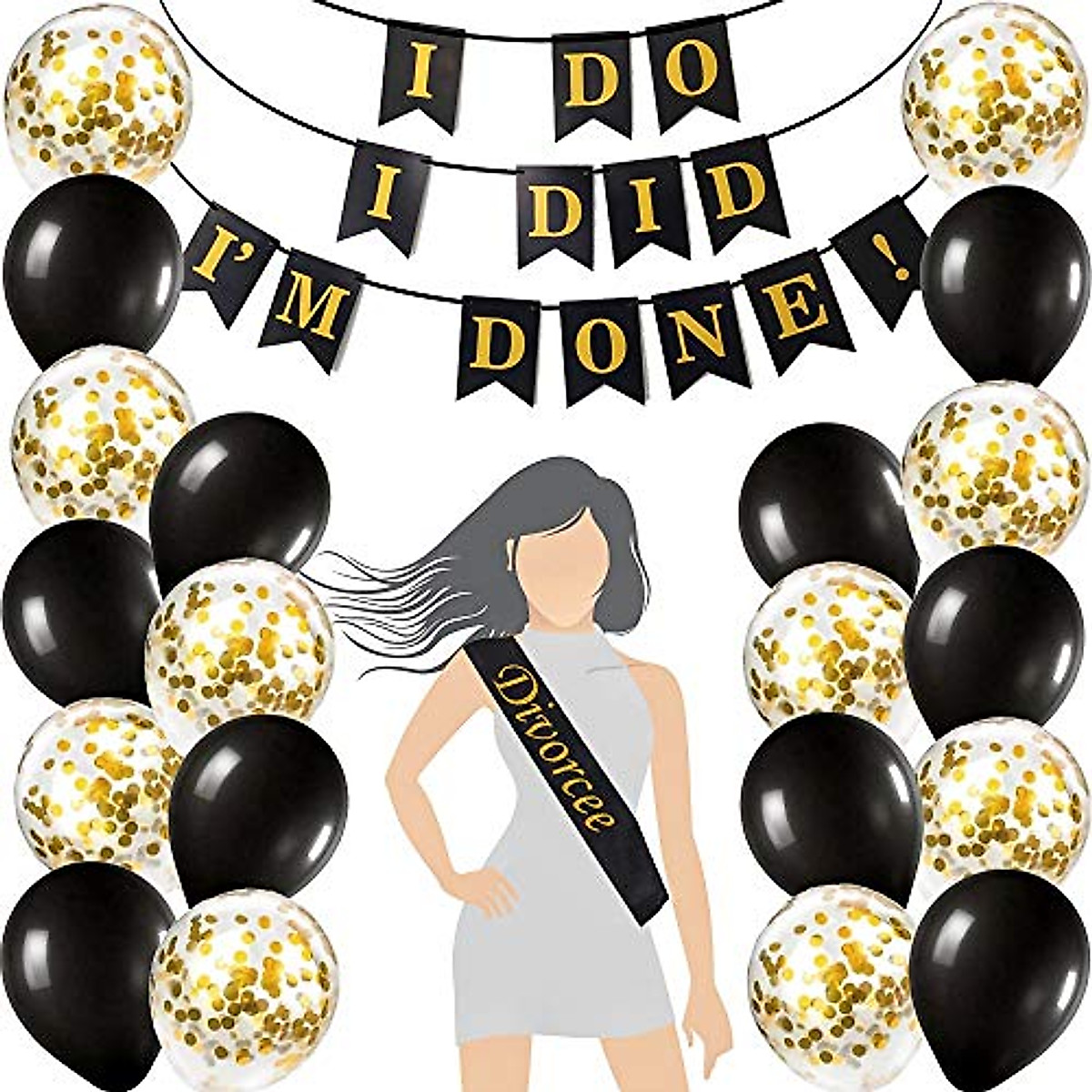 Divorce Party Decorations Kit | 10 Divorce Photo Booth Props | I Do I Did I'm Done! Banner | Divorcee Sash | 10 Gold Confetti Balloons and 10 Black Balloons