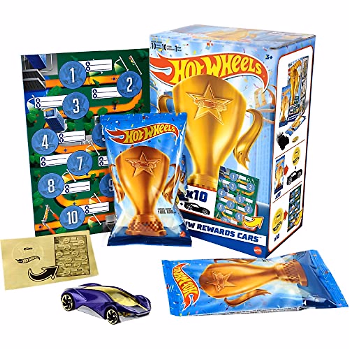 Hot Wheels HW Rewards Cars Themed Assorted 10-Pack of Individually Wrapped 1:64 Scale Vehicles & Gold Stickers, Gifts for Kids 3 Years Old & Older