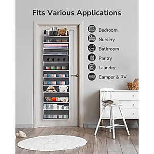ULG Over Door Organizer with 4 Large Pockets 6 Mesh Side Pockets, 33 lbs Weight Capacity Hanging Storage Organizer with Clear Window for Bedroom Nursery, Baby Kids Toys, Diapers, Dark Grey (1 Pack)