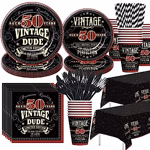 HIPVVILD Vintage 50th Birthday Decorations For Men Tableware - 1975 50th Birthday Party Supplies, Plate, Cup, Napkin, Tablecloth, Cutlery, 50 Year Old Birthday Table Decorations Dinnerware, Serves 24