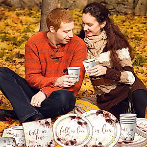 GREHUMOR 80pcs Fall Place Setting, Includes Disposable Tableware with Burgundy Flowers & Pumpkin Design, for Bridal Shower, Engagement, Anniversary, Autumn Themed Events