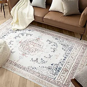 Ashler Area Rugs 4x6 Feet Vintage Boho Rugs for Living Room, Machine Washable Area Rugs with Non-Slip Backing, Indoor Rug Vintage Bohemian Area Rug Home Decor, Light Brown
