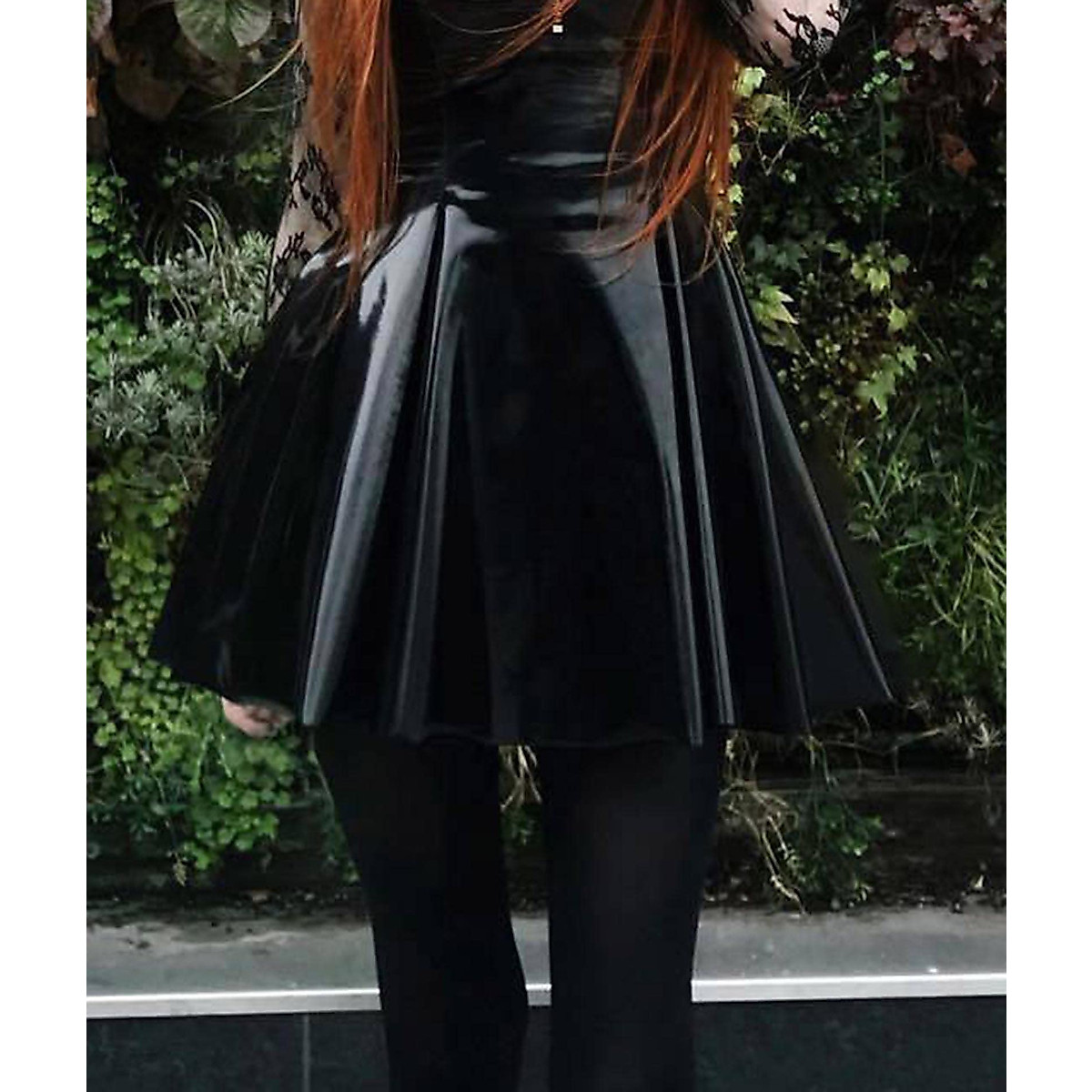 SEMATOMALA Women&#039;s PVC PU Leather Short Skater Skirt Black Latex Wet Look Shiny Pleated Flared A Line Mini Skirt Clubwear(BL,XL)