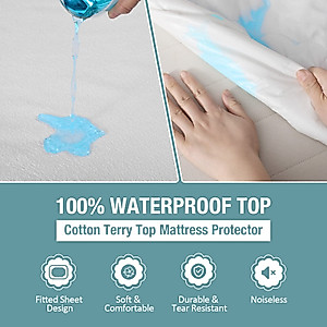 Full XL Fitted Sheet and Full XL Mattress Protector Waterproof, Fitted Bed Sheet for PillowTop Thick Mattress 21" Extra Deep Pocket White, Cotton Terry Mattress Cover Noiseless Kids Pee Bed 18"