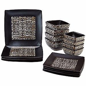 Elama Square Stoneware Pattern Dinnerware Dish Set, 16 Piece, Matte Black and Tan Tile