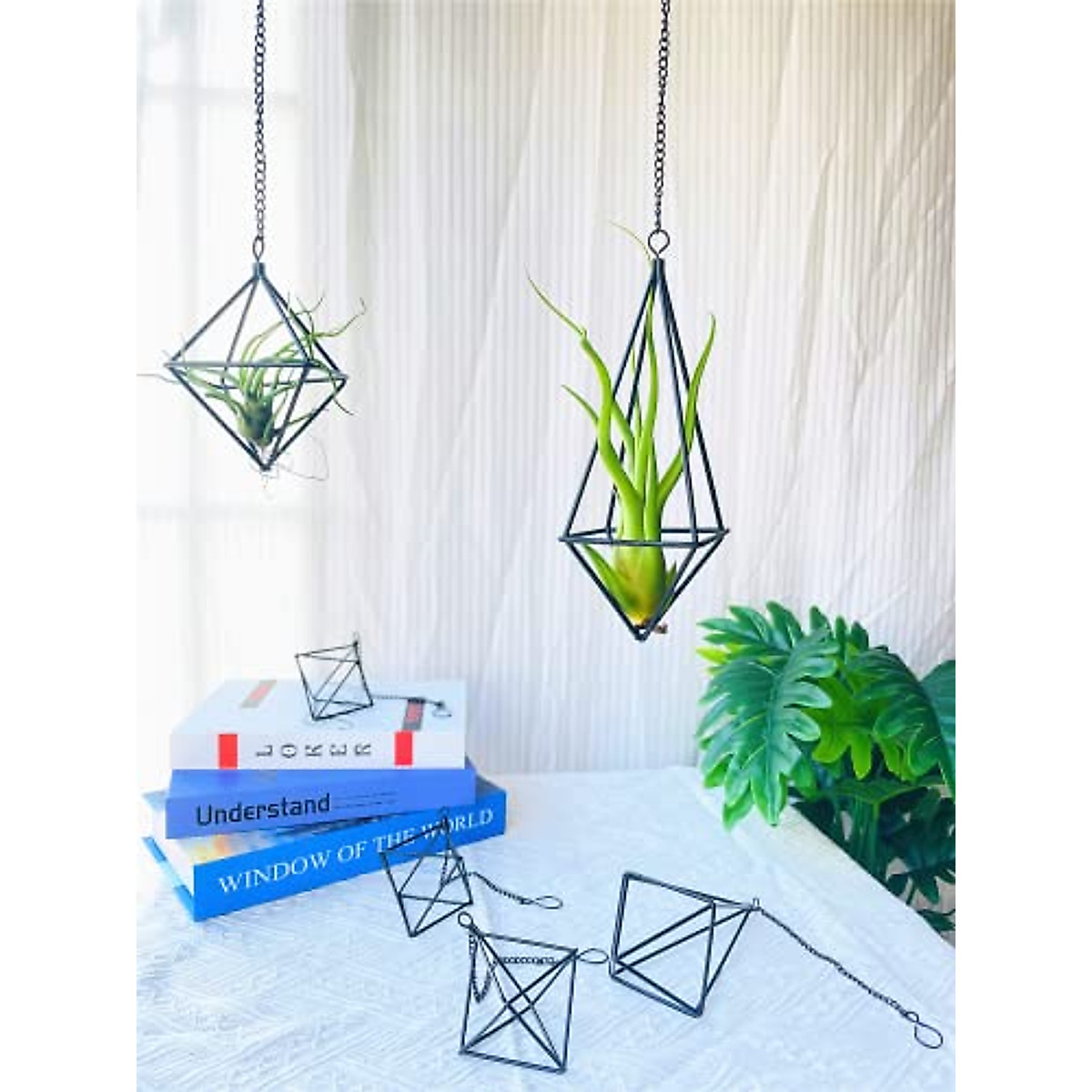 SZRUIZFZ Black Metal Air Plant Hanger, Tillandsia Air Plants Holders Unique, Modern Air Fern Display Stand with Chains for Home Wall Decor,Octahedron Himmeli Geometric Decor, Home Decor Gifts (6Pcs)