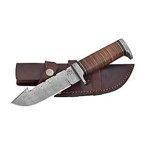 Knives Ranch Handmade Gut Hook Skinning Knife, Stack Leather Handle, Heavy-Duty Leather Sheath (Model 2173)