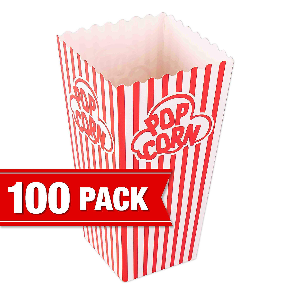GSM Brands Popcorn Containers Boxes (100 Pack) - Striped White and Red Paper - for Home Movie Theater