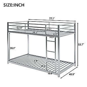 POCIYIHOME Twin Over Twin Steel Bunk Bed, Low Bunk Bed with Ladder & Slat Support & Full Length Guardrail for Kids,Teens Bedroom, Simple & Space-Saving, No Box Spring Needed, Silver