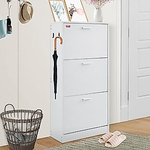 VEVOR Shoe Cabinet with 3 Flip Drawers, Shoe Storage Cabinet for Entryway, Free Standing Shoe Storage Organizer with Side Hooks for Heels, Boots, Slippers in Hallway, Living Room