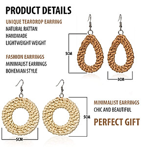 Rattan Earrings Hoops For Women Large Woven Handmade Straw DIY Teardrop Circle Bohemian Style Clip Lightweight Disc Wickers