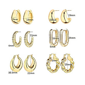6 Pairs 14K Gold Hoop Earrings for Women Lightweight Chunky Hoop Earrings Multipack Hypoallergenic, Thick Open Twisted Huggie Hoops Earring Set Jewelry for Gifts. (Gold)