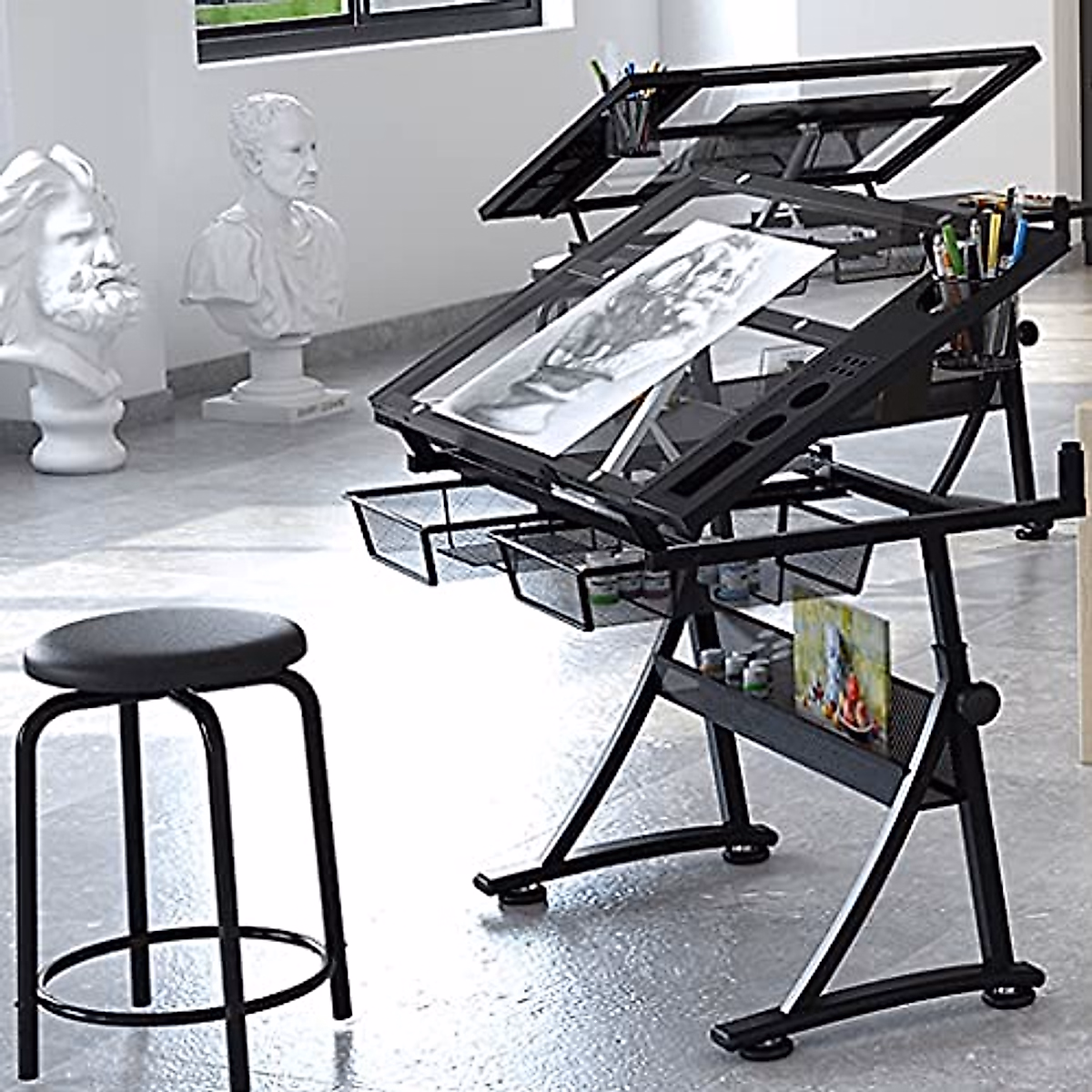 Adjustable Glass Drafting Table,Versatile Art Study Table,with Storage Drawers,Art Studio Design Sketching Painting Work Station