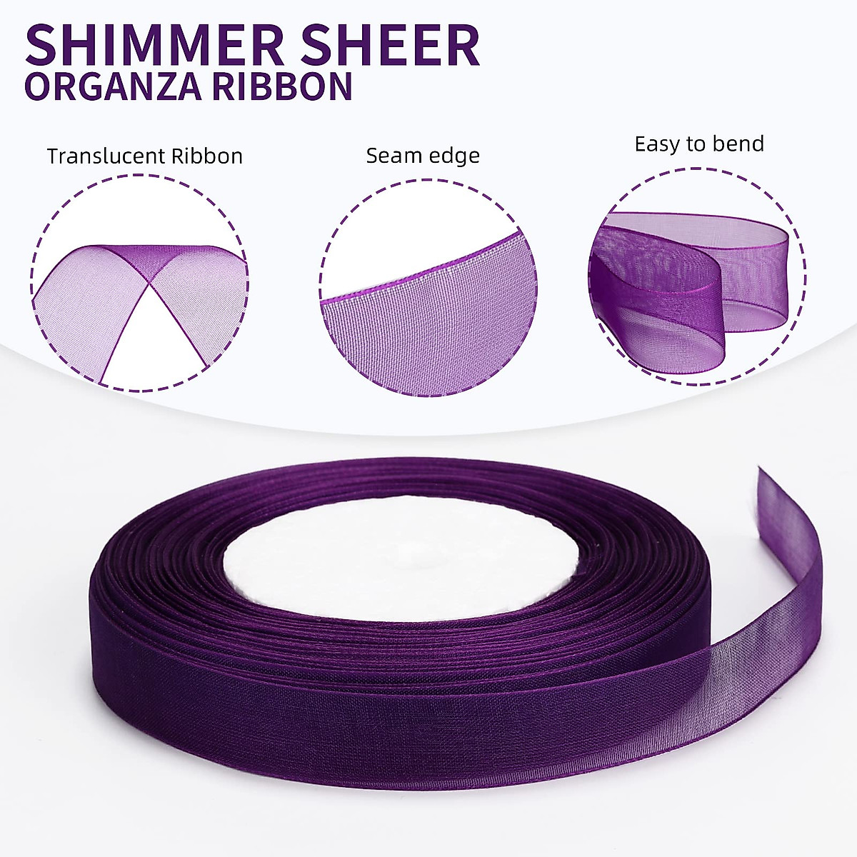 molshine 50 Yards x 5/8 Inch Shimmer Sheer Organza Ribbon,Chiffon Fabric Ribbons for Bouquets Garland,Bowknot,Wedding,Gift Wrapping,Hair,Crafts,Decoration (Purple, 5/8")