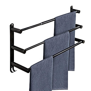 Stretchable 17-31 Inches 3-Tier Bath Towel Bar Bathroom Towel Rack Hooks Kitchen Hand Towel Holder Dish Cloths Hanger SUS304 Stainless Steel Wall Mounted No Drill Space Saving 3-Bar Matte Black