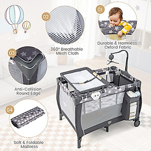 Costzon 3 in 1 Pack and Play with Bassinet, Portable Baby Playard with Changing Table, Bassinet, Music Box, Whirling Toys, Wheels/Brake, Large Basket, Bag, Foldable Travel Crib for Indoor Outdoor