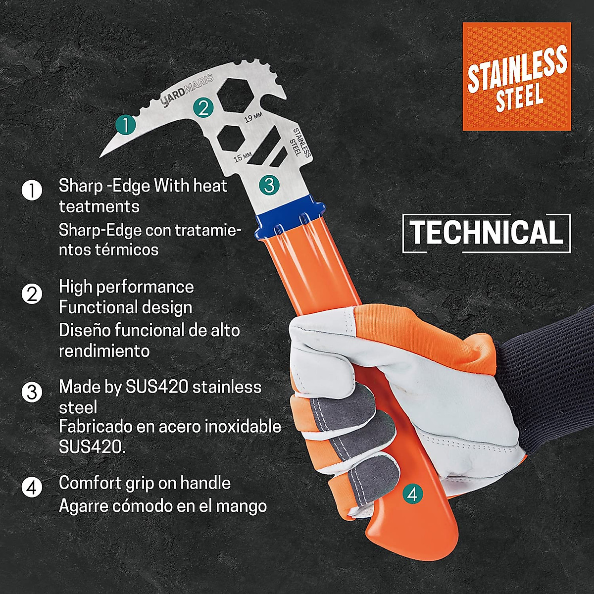 YARDMARIS Hookaroon 13.5 Inch Stainless Steel Pickaroon for Log Pulling and Moving Wood Firewood Tool