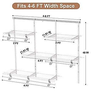 PROWORX 4-6 Ft Closet Organizer System, Adjustable Metal Wire White Closet System, Expandable Walk in Closet Organizers and Storage System, Closet Shelves with Hanging Rods