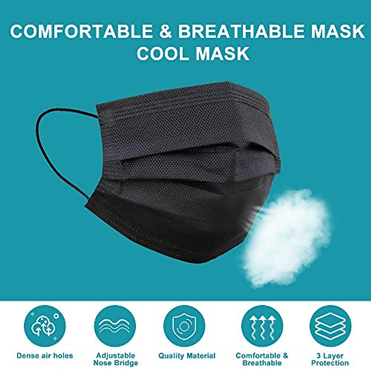 EHH Black Disposable Face Masks, Individually Wrapped, Breathable Face Mask for Men Women, 3- Ply, Comfortable Adult Masks with Adjustable Nose Wire & Elastic Ear Loop 50 Pcs, Black