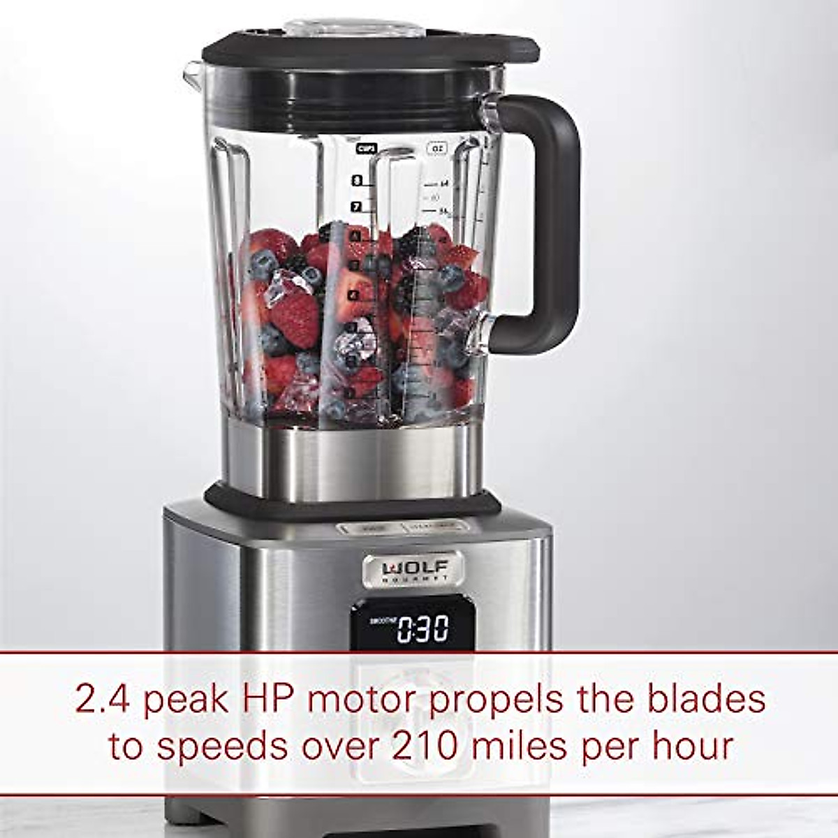 Wolf Gourmet High-Performance Blender, 64 oz Jar, 4 Program Settings, 12.5 AMPS, Blends Food, Shakes and Smoothies, Silver Knob with Black Knob Accessory, Stainless Steel (WGBL120SR)