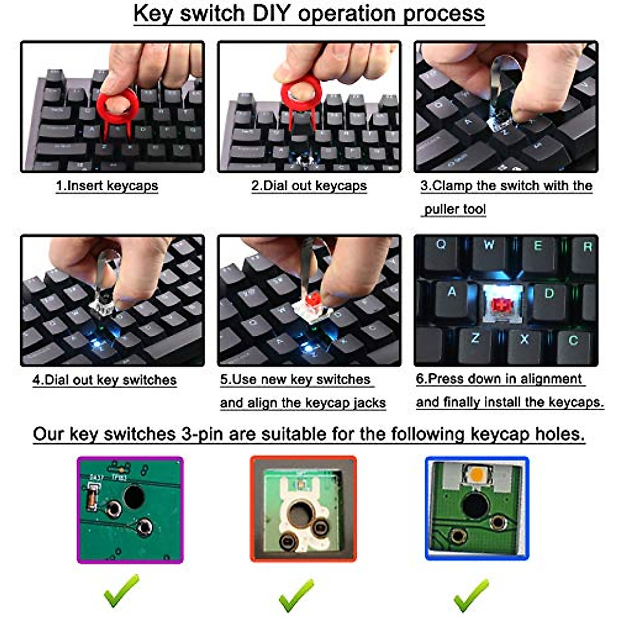 KULONG Key Switches, Black/Red/Blue/Brown Switch 3 Pin Keyswitch,Plate Mounted |Tactile Switch for Mechanical Keyboard,Extra-Thin & Light,Keycap Puller and Switch Puller Low Profile Switch (25 PCS)