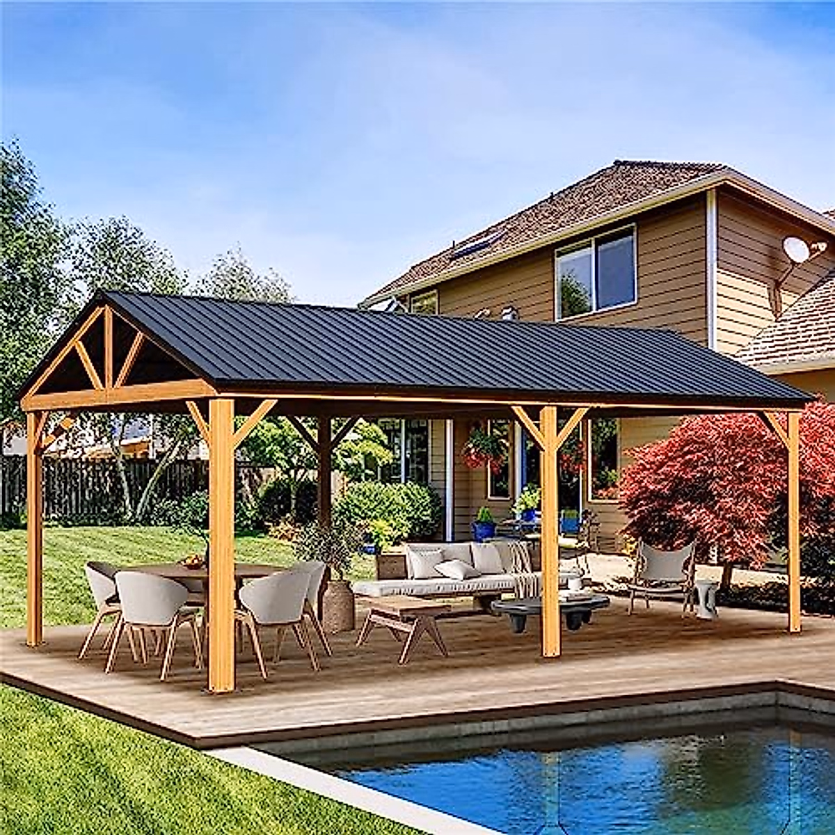 Goohome 12x20ft Hardtop Gazebo, Galvanized Steel Gable Roof Gazebo Pergola with Wood Grain Aluminum Frame, Outdoor Permanent Hard Top Waterproof Pergola for Shade and Rain Lawn