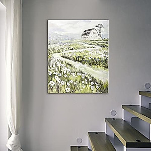 Hi.I.U.88 Rustic Wall Decor Old White Barn Canvas Art Painting with Windmill Bathroom Deco Pictures for Farmhouse Bedroom Framed Ready to Hang (Green, 12X15In), 12X15In