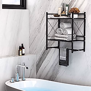 TZAMLI 2-Tier Towel Rack Wall Mounted Bathroom Shelves with Towel Bar, Floating Shelves Over Toilet, Metal Storage Shelf Shower Organizer, Black