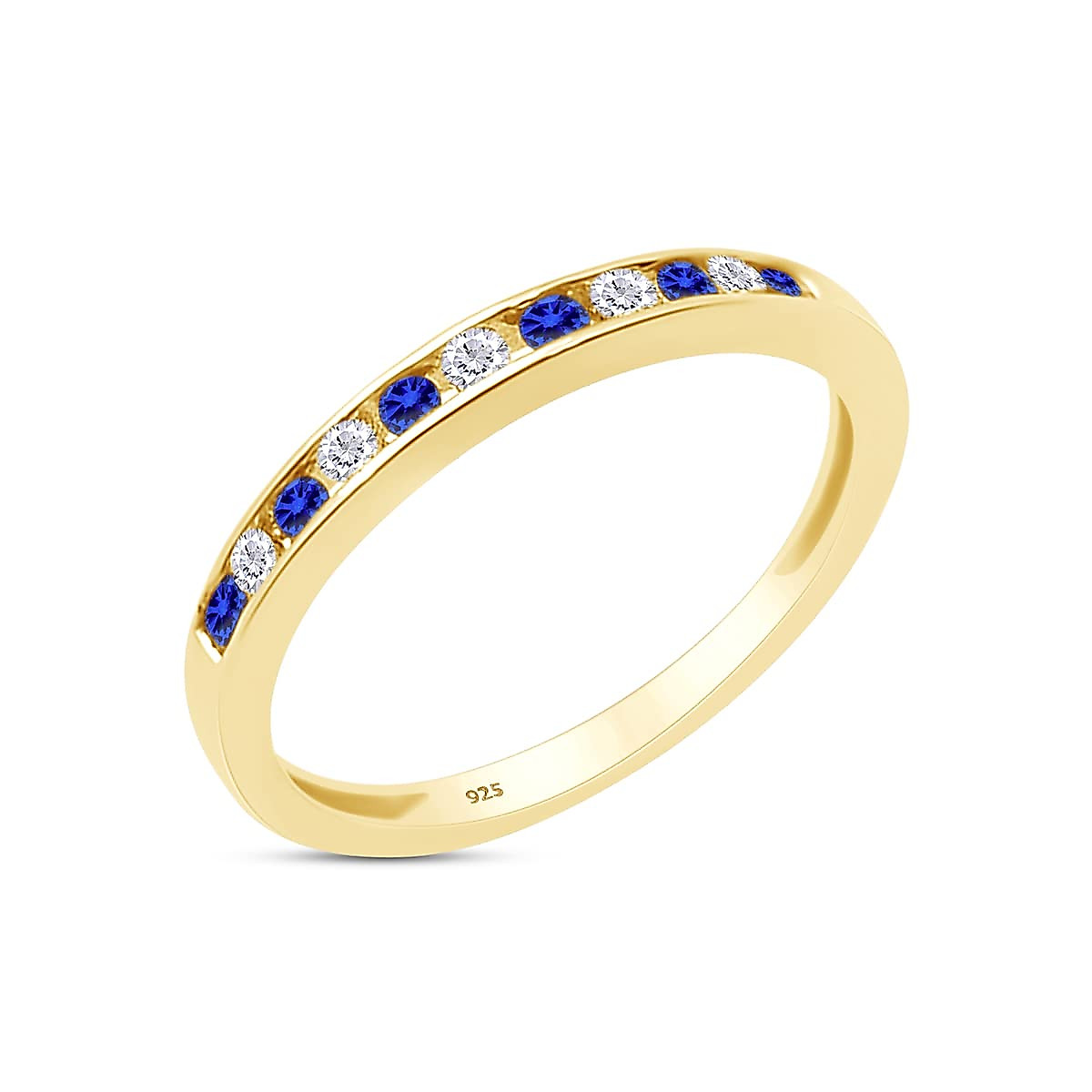 Round White Natural Diamond & Simulated Blue Sapphire Half Eternity Engagement Wedding Band Ring In 14K Yellow Gold Over Sterling Silver For Women (Clarity I2-I3, Color : I-J, 0.23 Cttw) Ring Size-6