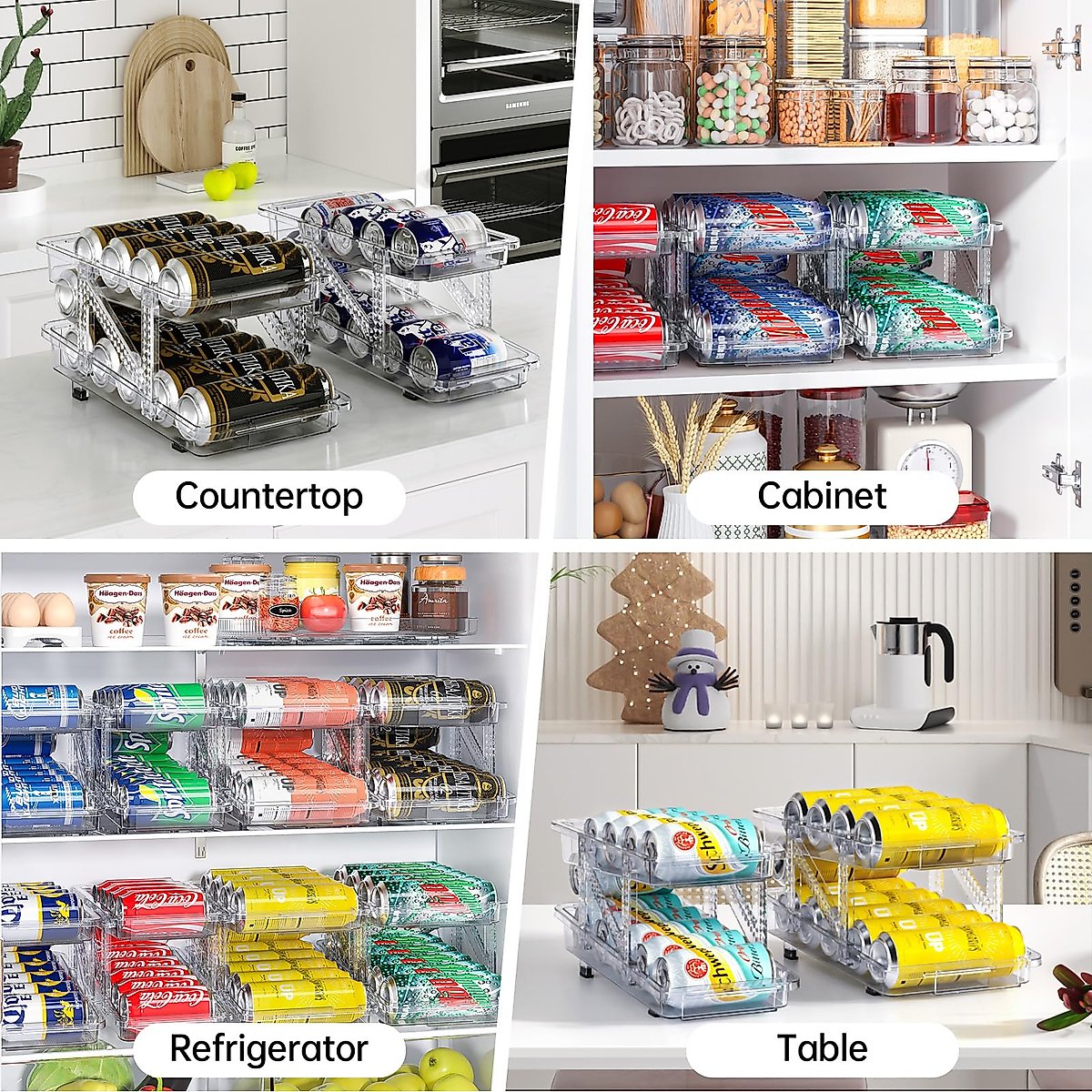 LAMU Soda Can Dispenser for Refrigerator, Set of 2 Adjustable Width Soda Can Organizer 2-Layer Beverage Pop Can Holder Drink Organizer for Fridge, Pantry, Cabinet, Countertop, Clear