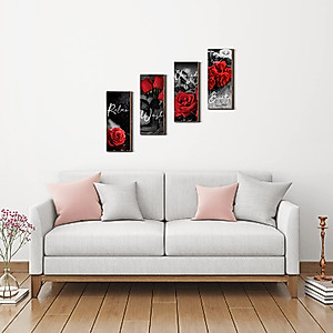 Set of 4 Rose Bathroom Wall Art Wooden Flower Restroom Decor Rustic Romantic Floral Farmhouse Bathroom Wall Decor Modern Breathe Wash Unwind Relax Sign for Living Room Home Decor, 10 x 4 Inch (Red)