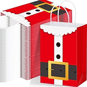 Harloon 100 Pcs Christmas Paper Gift Bag Bulk Santa Claus Suit Print Bag Santa Kraft Bag Xmas Candy Goodie Bag Gift Wrapping Bag with Handles for Kids Adults Employees Presents Supply, 8.3 Inch