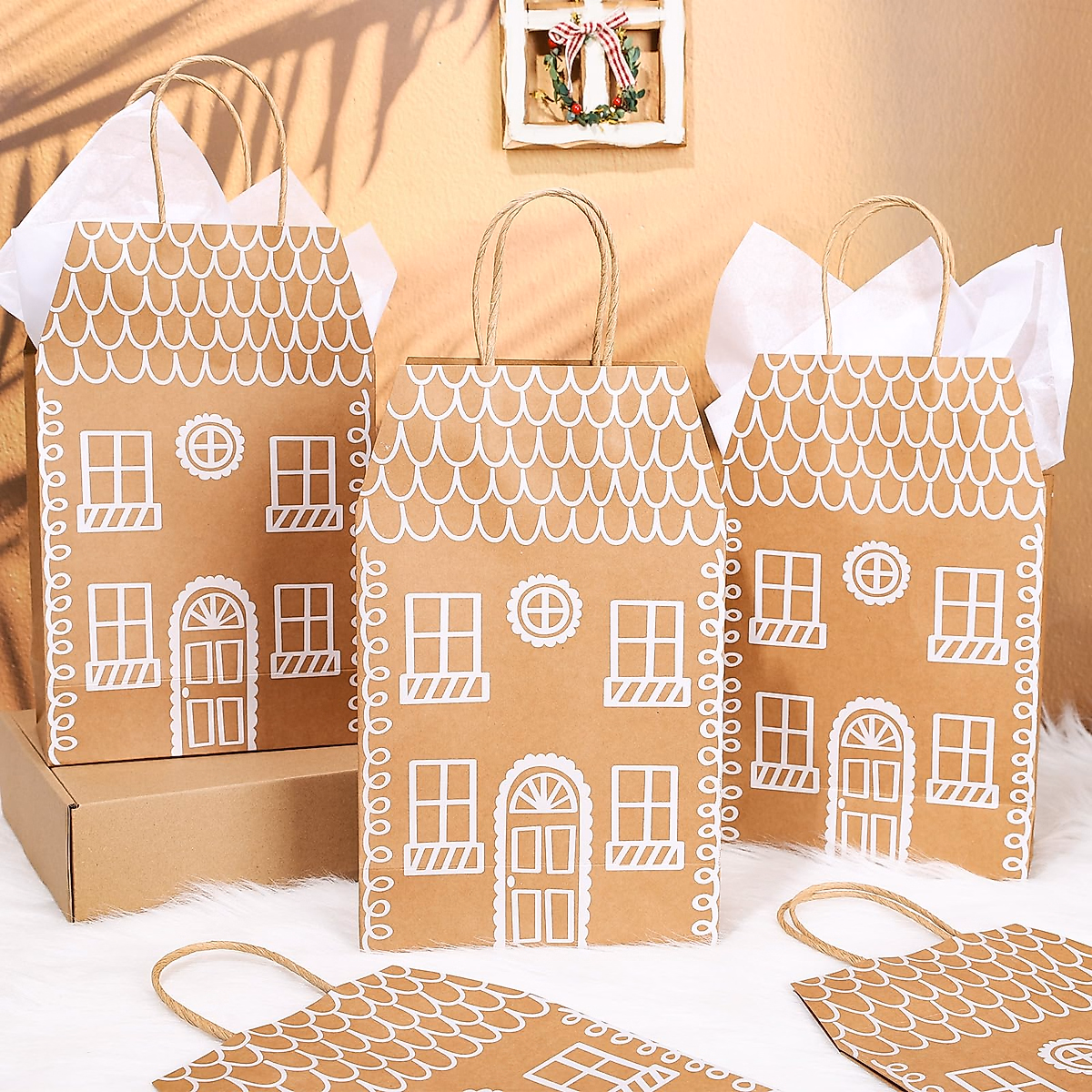 JarThenaAMCS 12Pcs House Shaped Gift Bags Winter Snow House Kraft Paper Bags with Tissue Paper Rustic Christmas Candy Treat Bags for Xmas Holiday Housewarming Estate Agent Gifts
