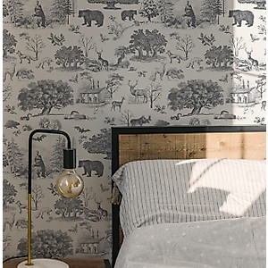 RollsRolla Toile Wallpaper Black and White Woodland Farmhouse Wallpaper Peel and Stick Wallpaper Cute Wallpaper for Teens Boys Room and Nursery