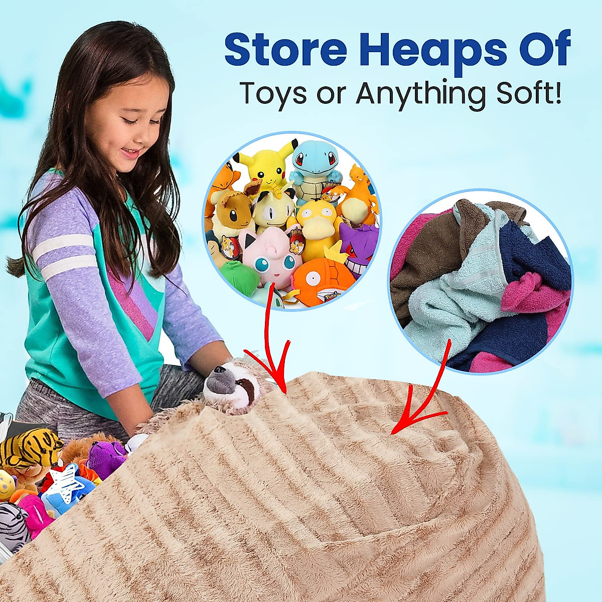 Cheer Collection Stuffed Animal Storage Bean Bag, Kids Toy Storage Organizer and Bean Bag Chair with Handle, Oversized Faux Fur Zippered Bag for Organizing Stuffed Animals, Machine Washable - Taupe