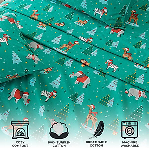 Great Bay Home 3 Piece 100% Turkish Cotton Twin Christmas Flannel Sheet Set | Kids Holiday Printed Bedding Sheets & Pillowcases | Double-Brushed Flannel Bed Sheets (Twin, Safari Animal Christmas)