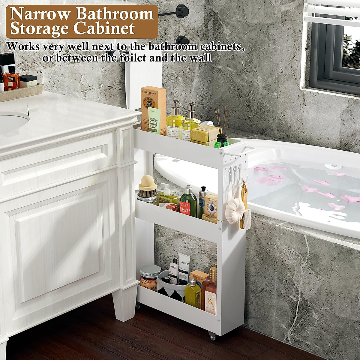 OKZEST Rolling Slim Storage Cart, 3-Tier Narrow Utility Kitchen Cart on Wheels, Metal Narrow Storage Cabinet Organizer Cart for Small Spaces in Laundry Room, Kitchen, Bathroom - 5-Inch Width