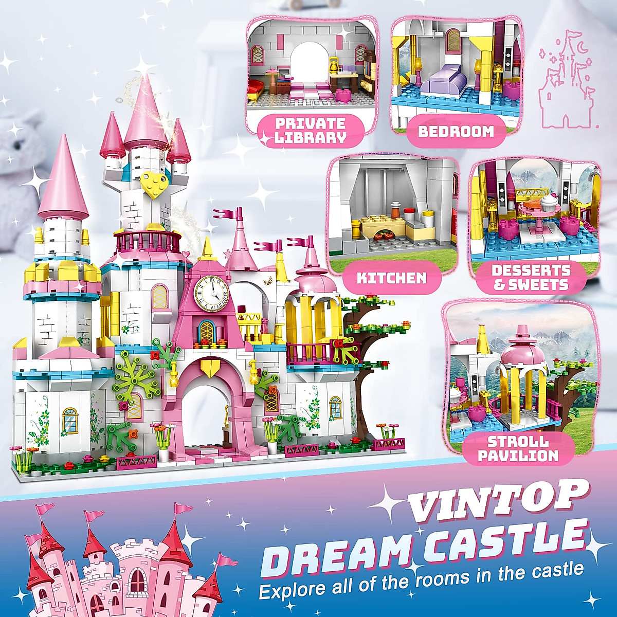 Castle STEM Building Toys for Girls Ages 6 7 8 9 10 11 12 Years Old, VINTOP Building Sets for Girl Boys, 1000PCS Pink Princess Castle Carriage Playsets Creative Building Blocks Xmas Toy Gifts for Kids
