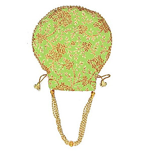 Potli Bag For Women With Intricate Gold Thread & Sequin Ethnic Designer Embroidery Work Batwa Pearls Handle (Parrot Green)