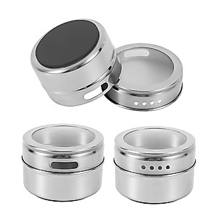 HEFANTU 12 Magnetic Spice Tins with Spice Racks Wall Mount & 120 Spice Labels, Storage Magnet Spice Containers, Clear Lid with Sift and Pour(Spices Not Included)(silver)